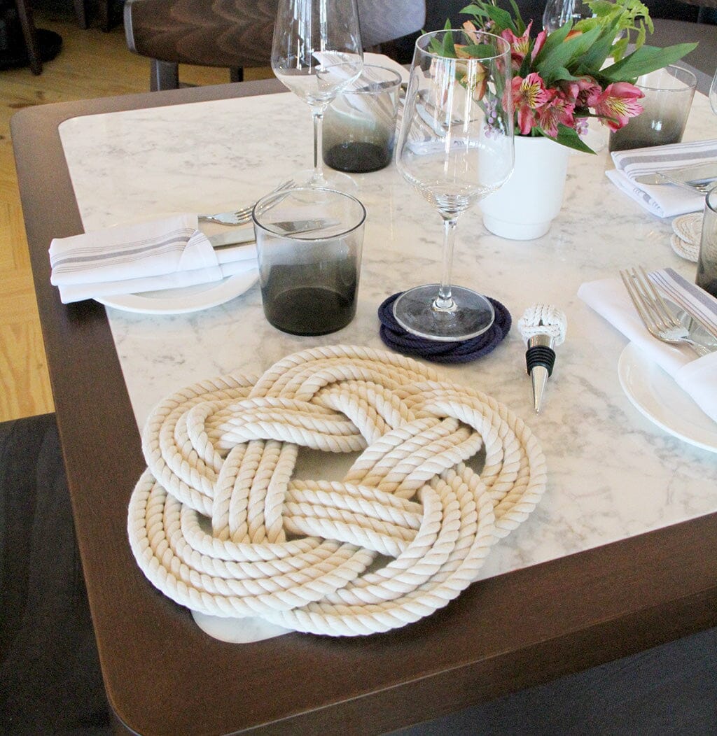 10" Nautical Sailor Knot Trivet, White Cotton Rope, Large - Mystic Knotwork