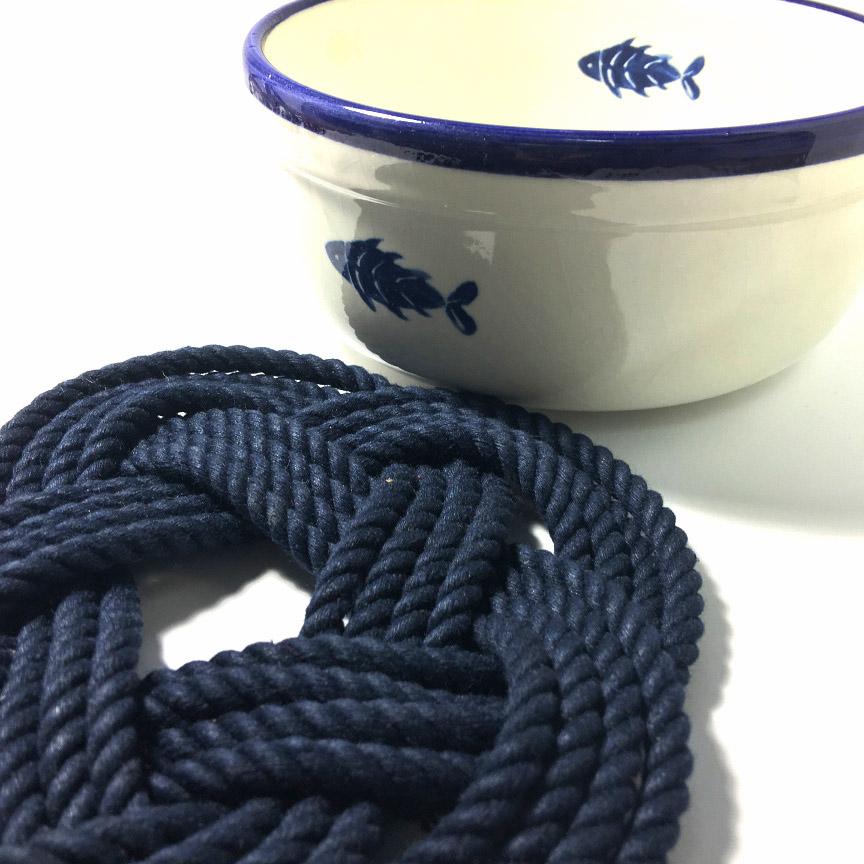 10" Nautical Sailor Knot Trivet, Navy Cotton Rope, Large - Mystic Knotwork